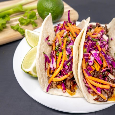 Slow Cooker Korean Beef Tacos with Gochujang BBQ Sauce and Slaw